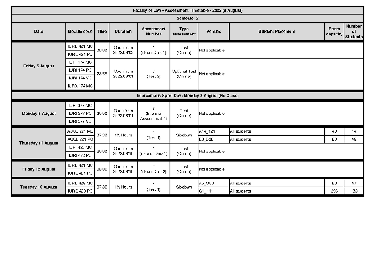 Assessment Timetable 20220808 - Date Module code Time Duration ...