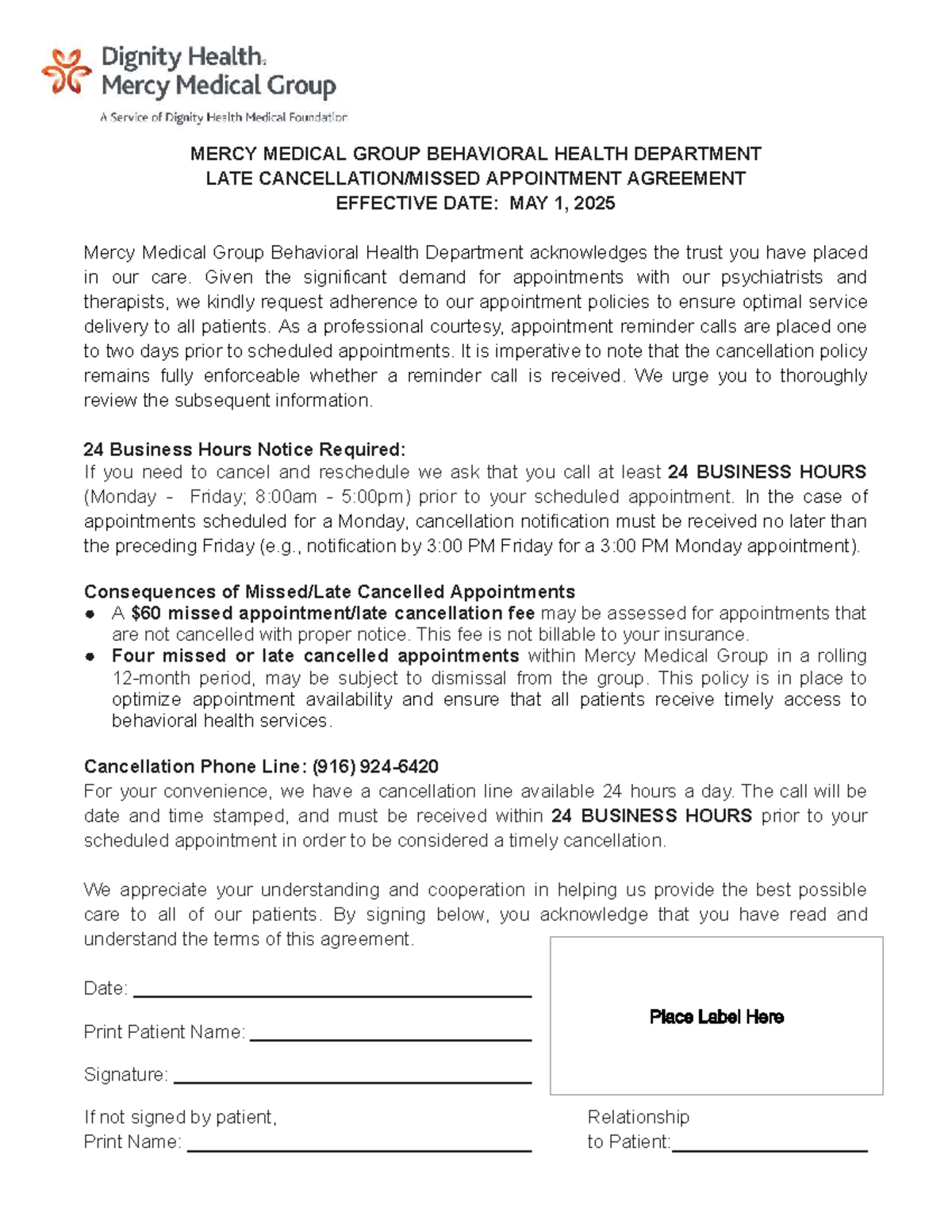 Behavioral Health Treatment Consent & Appointment Policy (Effective May ...