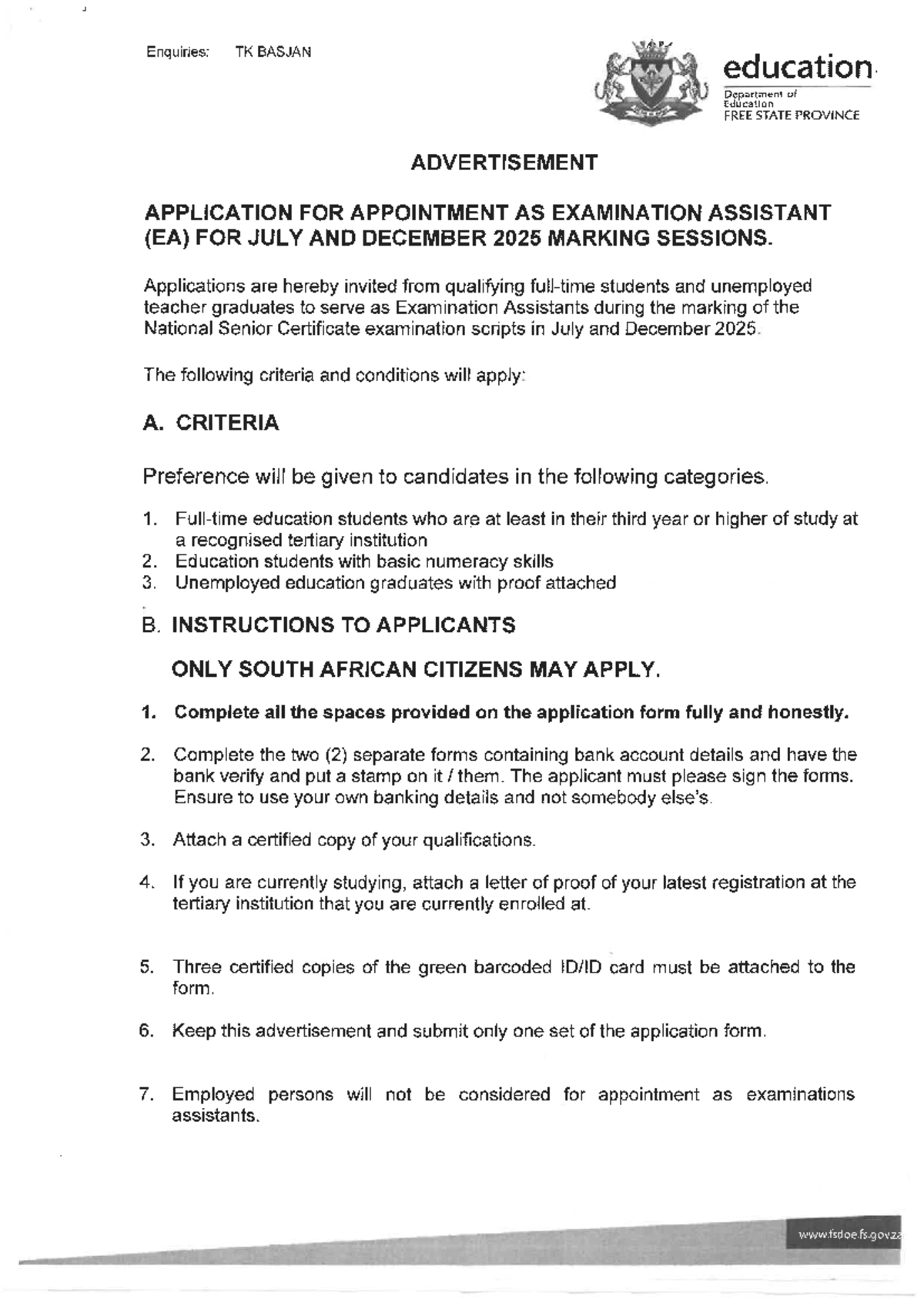 EA Application Forms 2025 for Examination Assistants in Free State ...