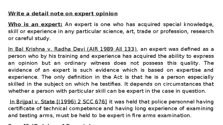 Expert Opinion in Law: Understanding Testimony and Evidence - Studocu