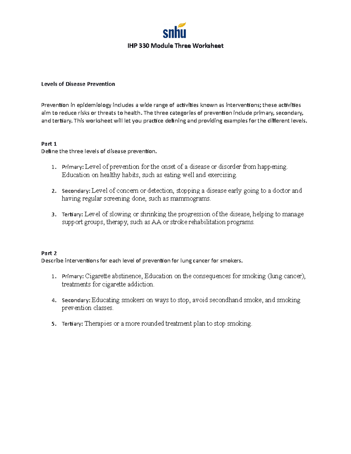 IHP 330 Module 3 Disease Prevention Worksheet and Interventions - Studocu