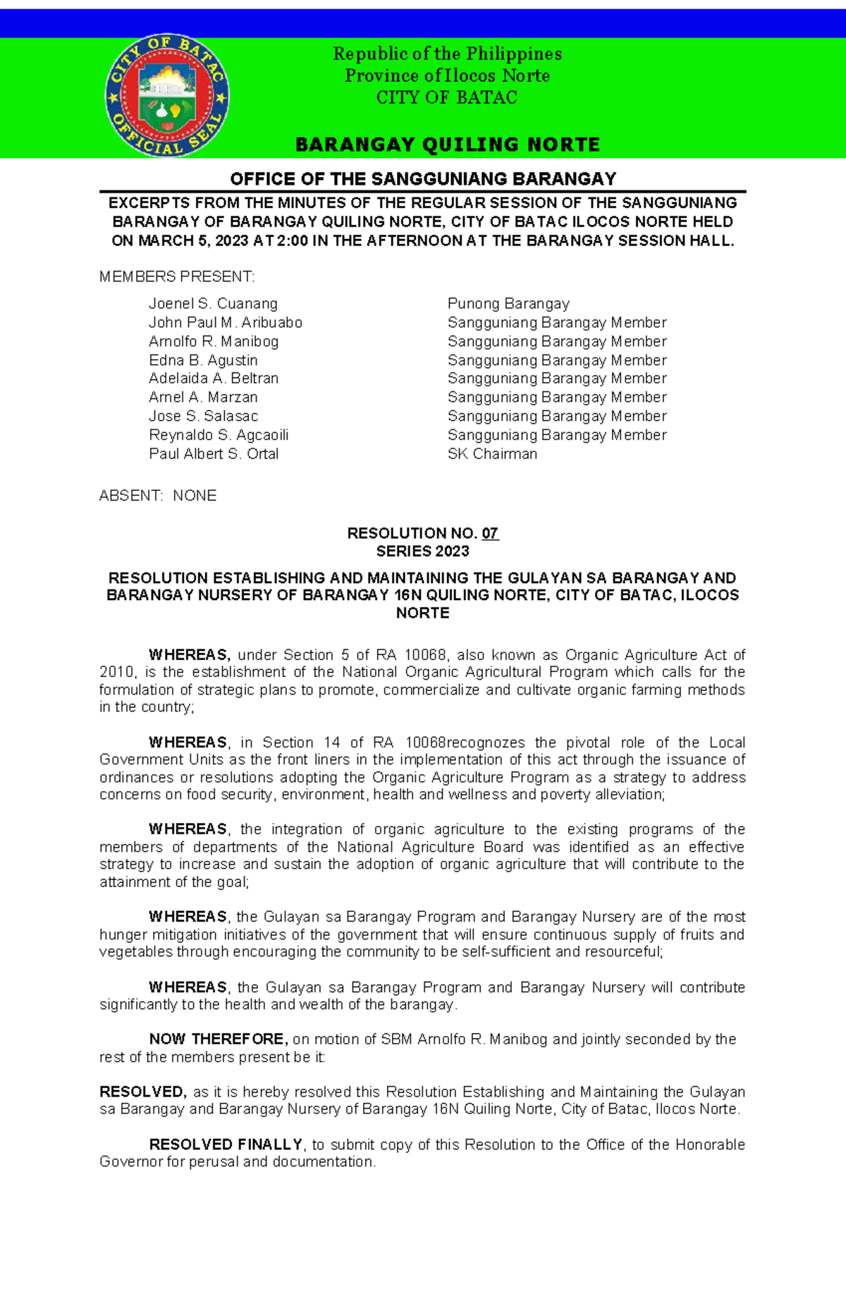 Barangay Resolution No. 2023-07: Gulayan sa Barangay & Nursery in Batac - Studocu