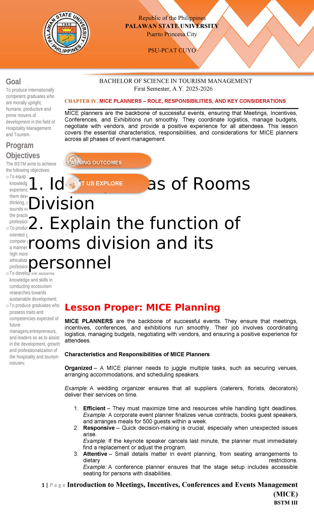 Chapter 4: MICE Planners' Roles & Responsibilities - BSTM - Studocu