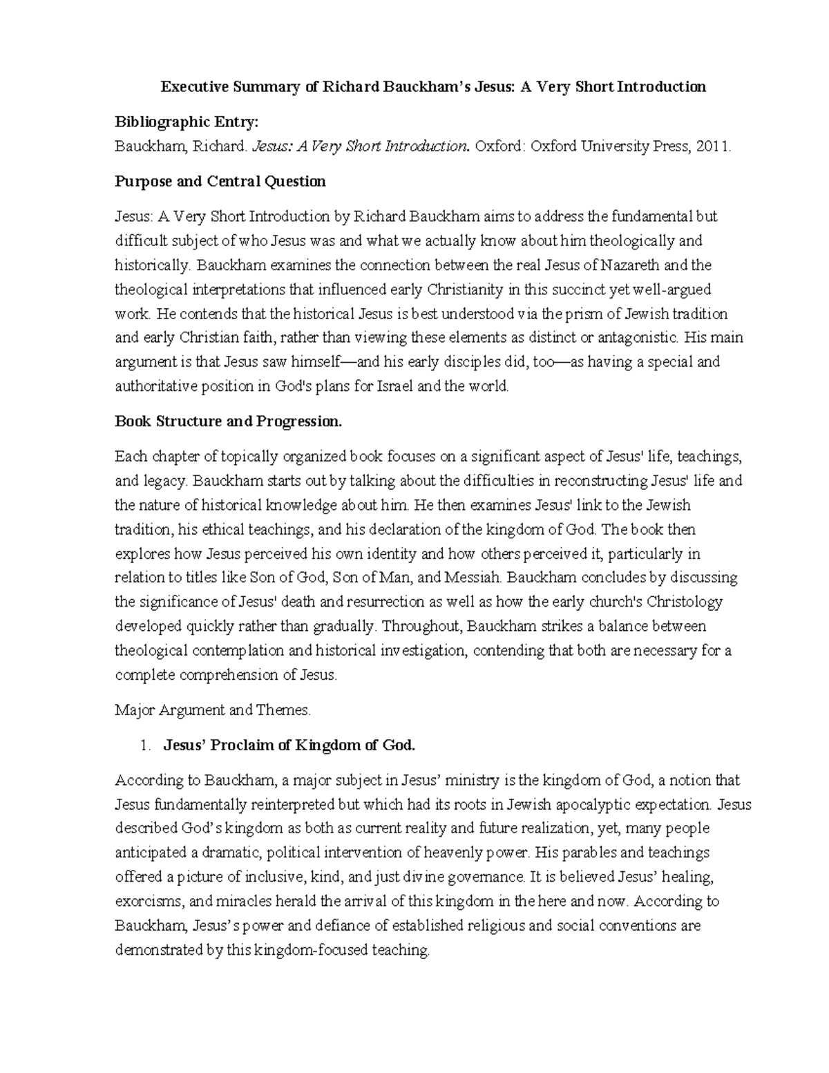 Executive Summary of Richard Bauckham's Jesus: A Very Short ...