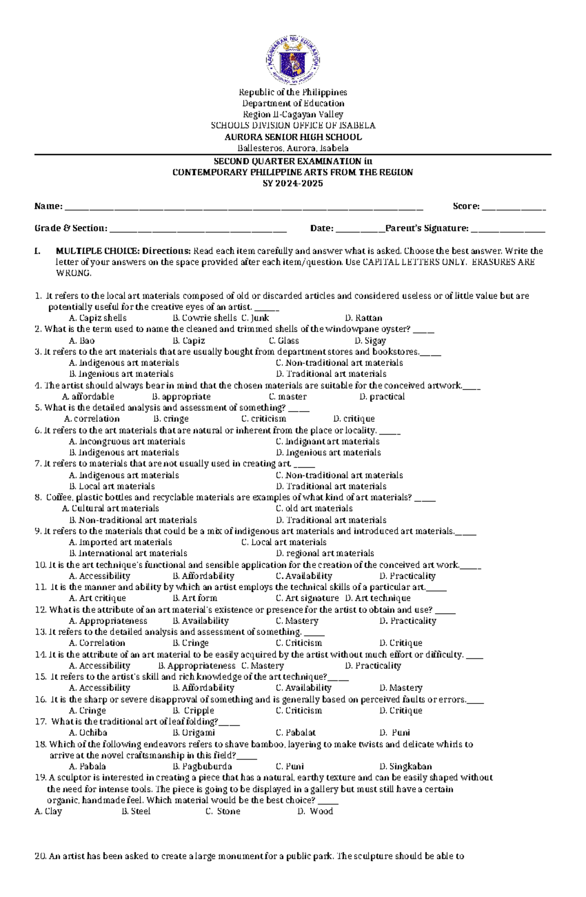 CPAR Q2 EXAM - module - Republic of the Philippines Department of ...