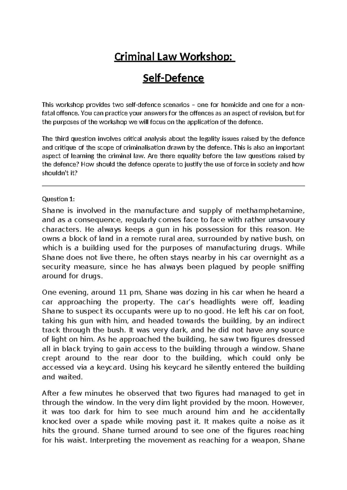 Criminal Law Workshop: Self-Defence Scenarios & Analysis 2025 - Studocu