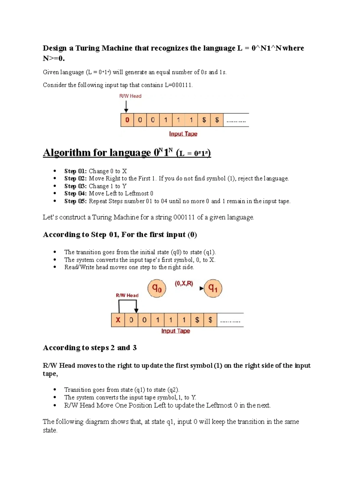 TM 4th - Designing a Turing Machine for L = 0^N1^N Recognition - Studocu