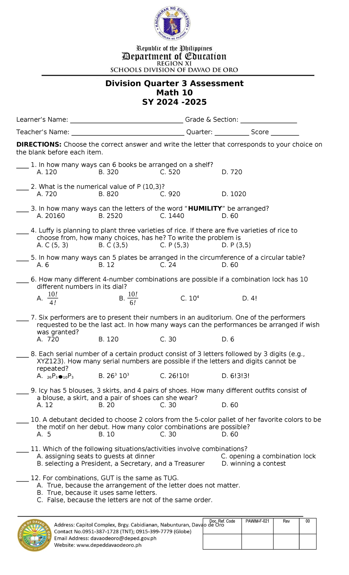 Q3 Math 10 - help student - Division Quarter 3 Assessment Math 10 SY ...