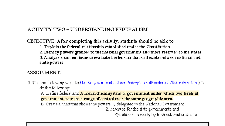 Federalism Web Quest: Understanding Powers & State Relations - Studocu