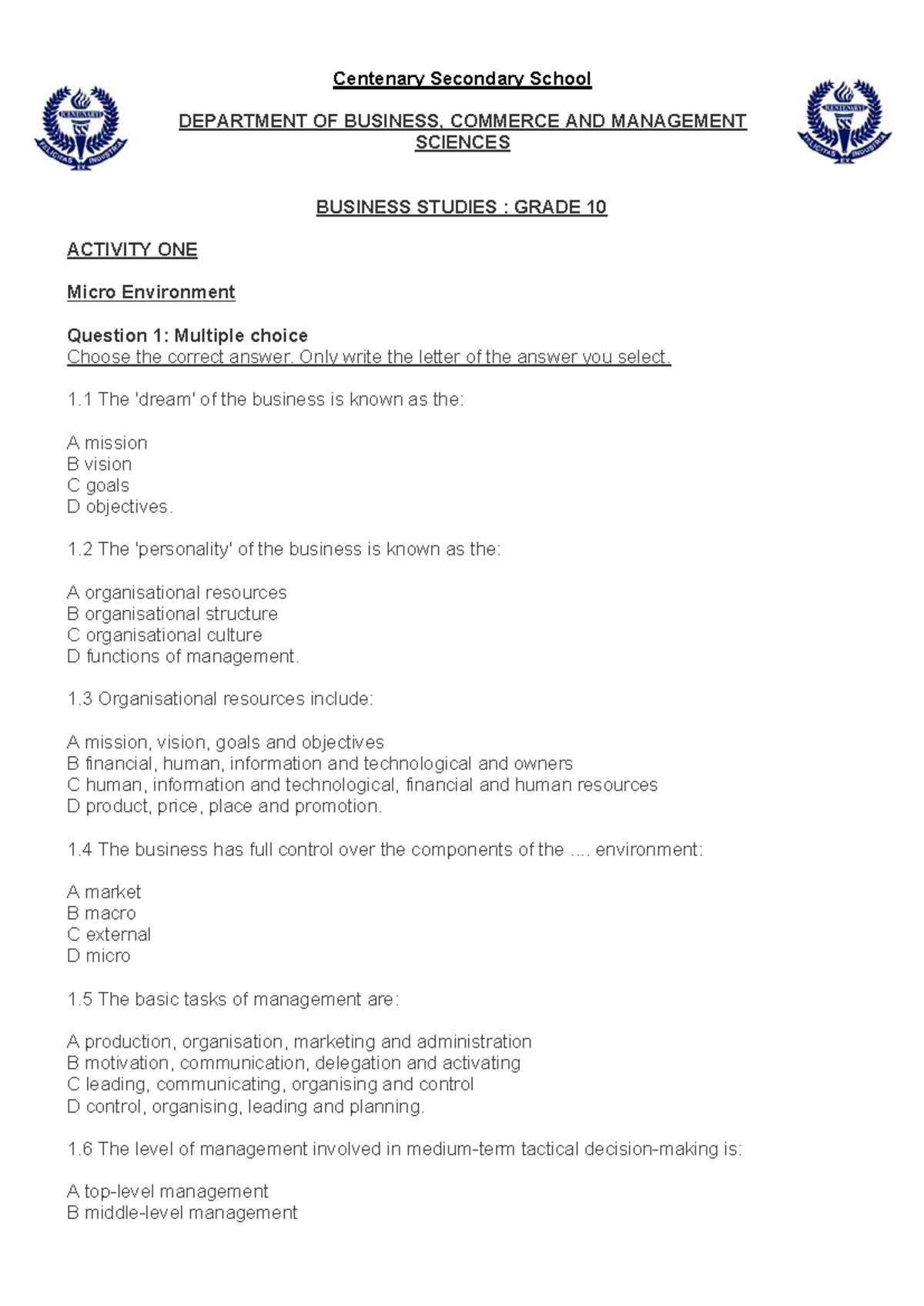 Business Studies Grade 10 Activity 1 - Centenary Secondary School ...