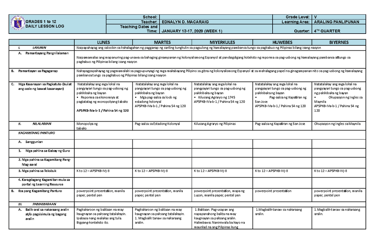 Araling Panlipunan 5 Q4 Week 1 Daily Lesson Log - Studocu