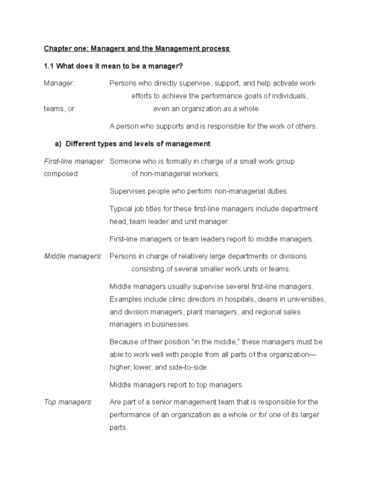 Chapter 1 - Chapter one: Managers and the Management process 1 What ...