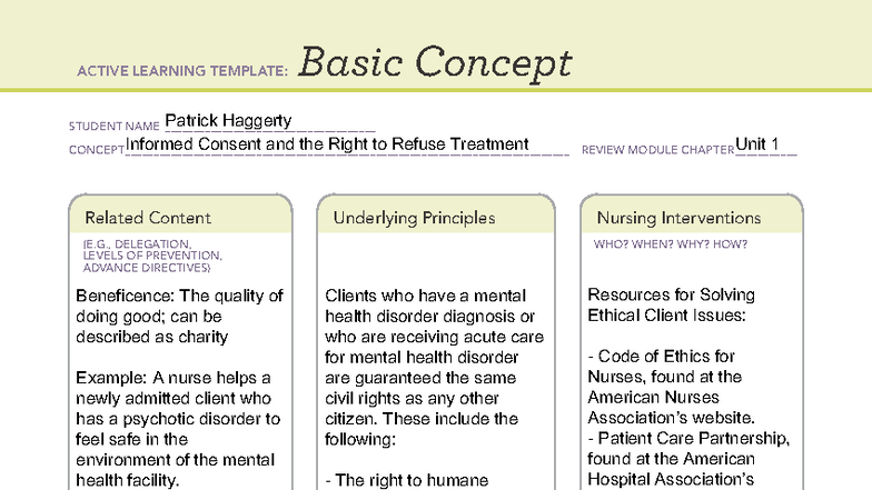 ACTIVE LEARNING TEMPLATE: Consent & Right to Refuse Treatment (Unit 1 ...