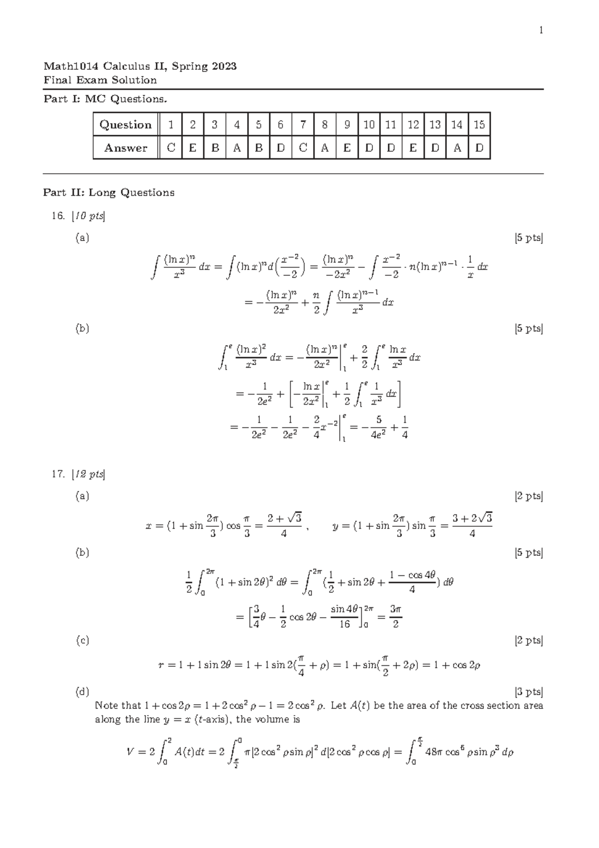 Math1014 Calculus II Spring 2023 Final Exam Solutions & Answers - Studocu