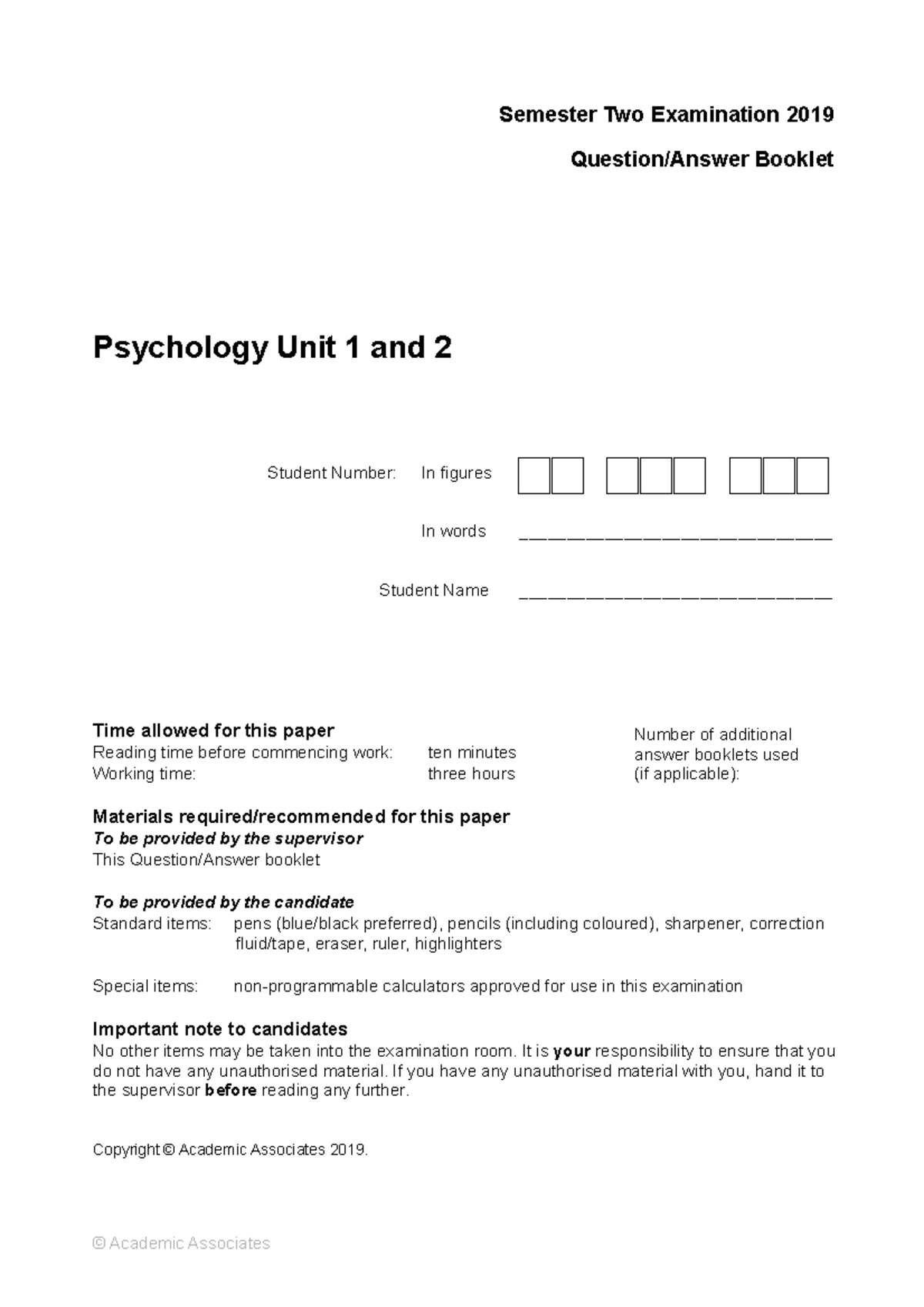 Psychology Unit 1 & 2 Year 11 WACE ATAR Semester 2 Exam Paper 2019 ...