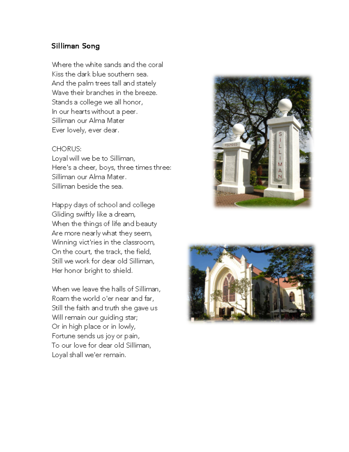 Silliman University Song: A Tribute to Our Alma Mater - Studocu