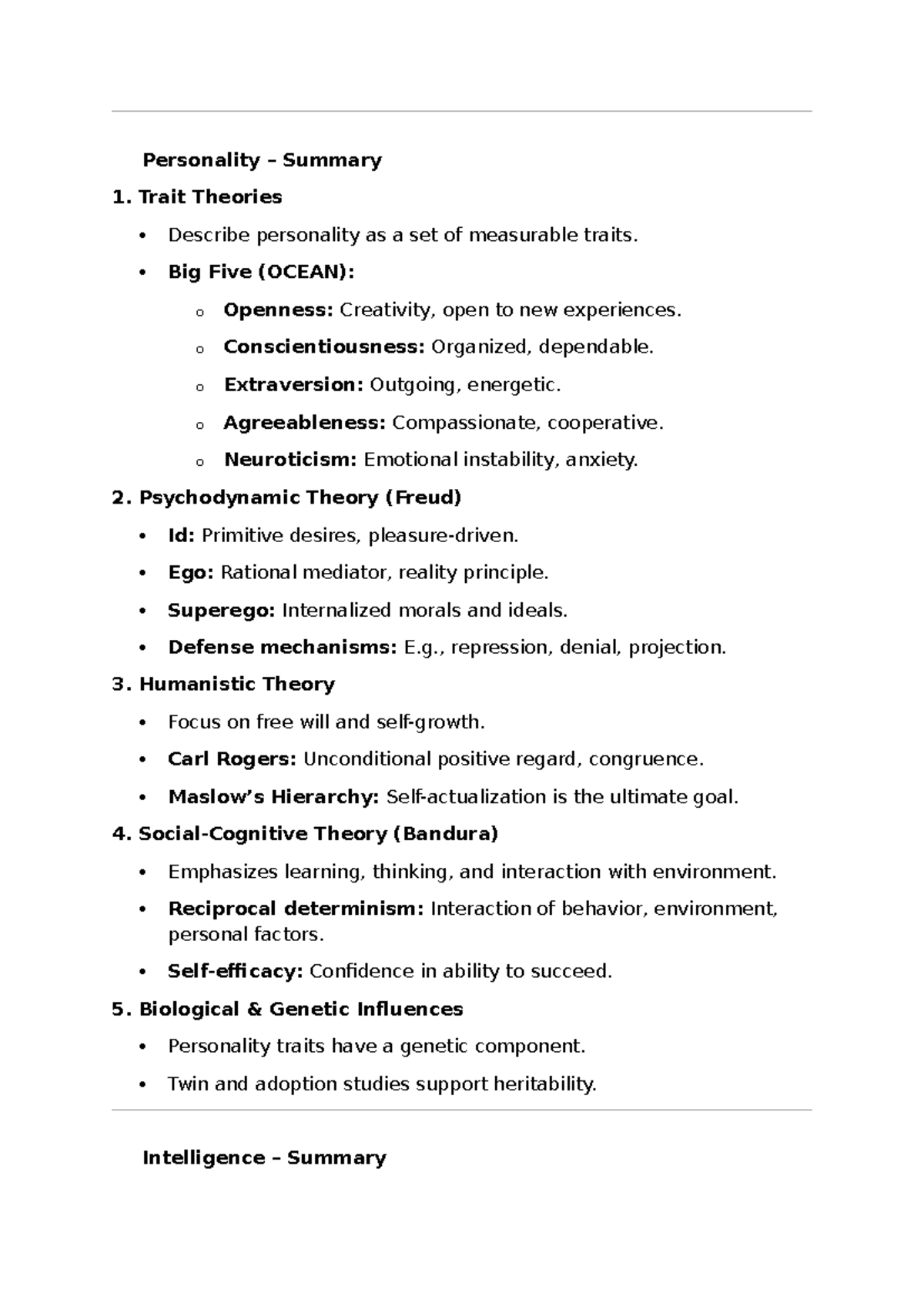 Personality and Intelligence Summary: Key Theories and Concepts - Studocu
