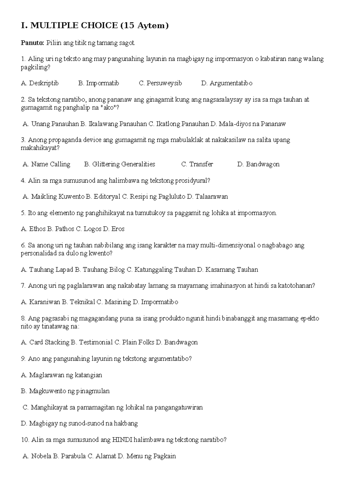 EXAM FIL. 11 - Multiple Choice, True/False, and Identification ...