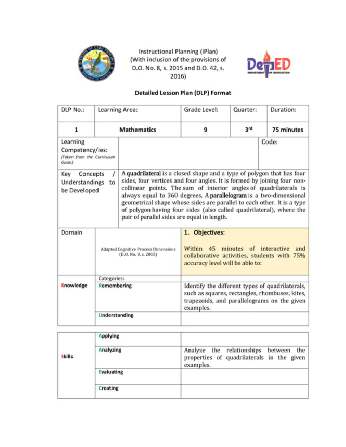 DLP Format for Mathematics 9: Understanding Quadrilaterals and ...