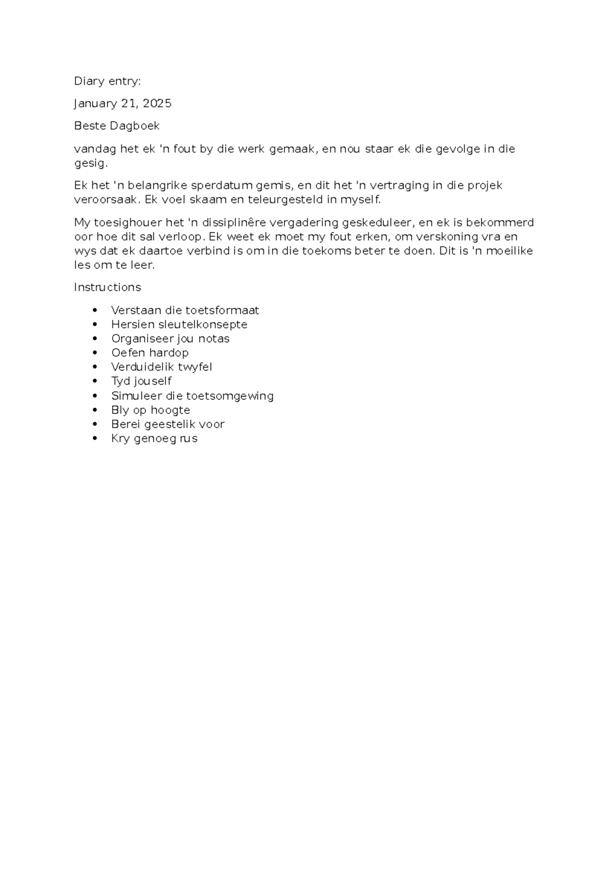 AFR Test Practice Diary Entry: Lessons Learned and Instructions - Studocu