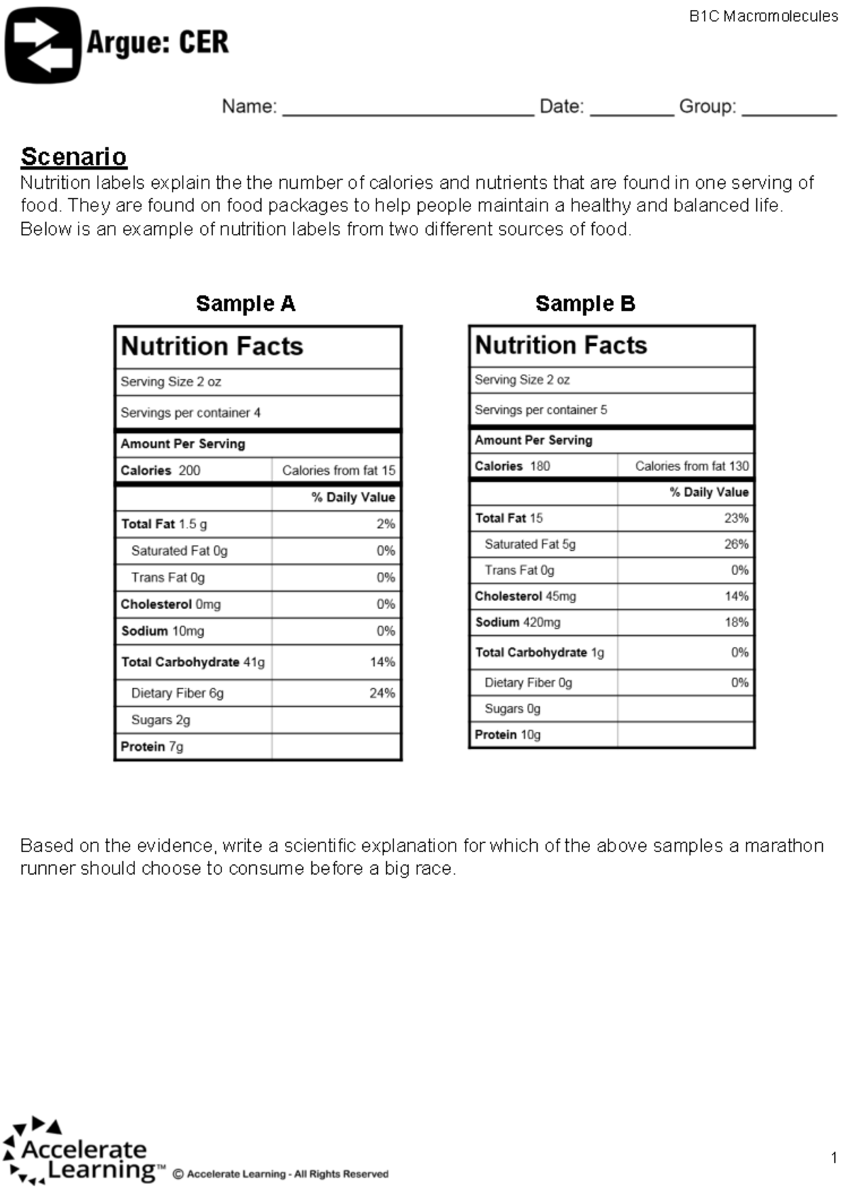 B1C Macromolecules CER: Nutrition Labels & Marathon Runner Choices ...