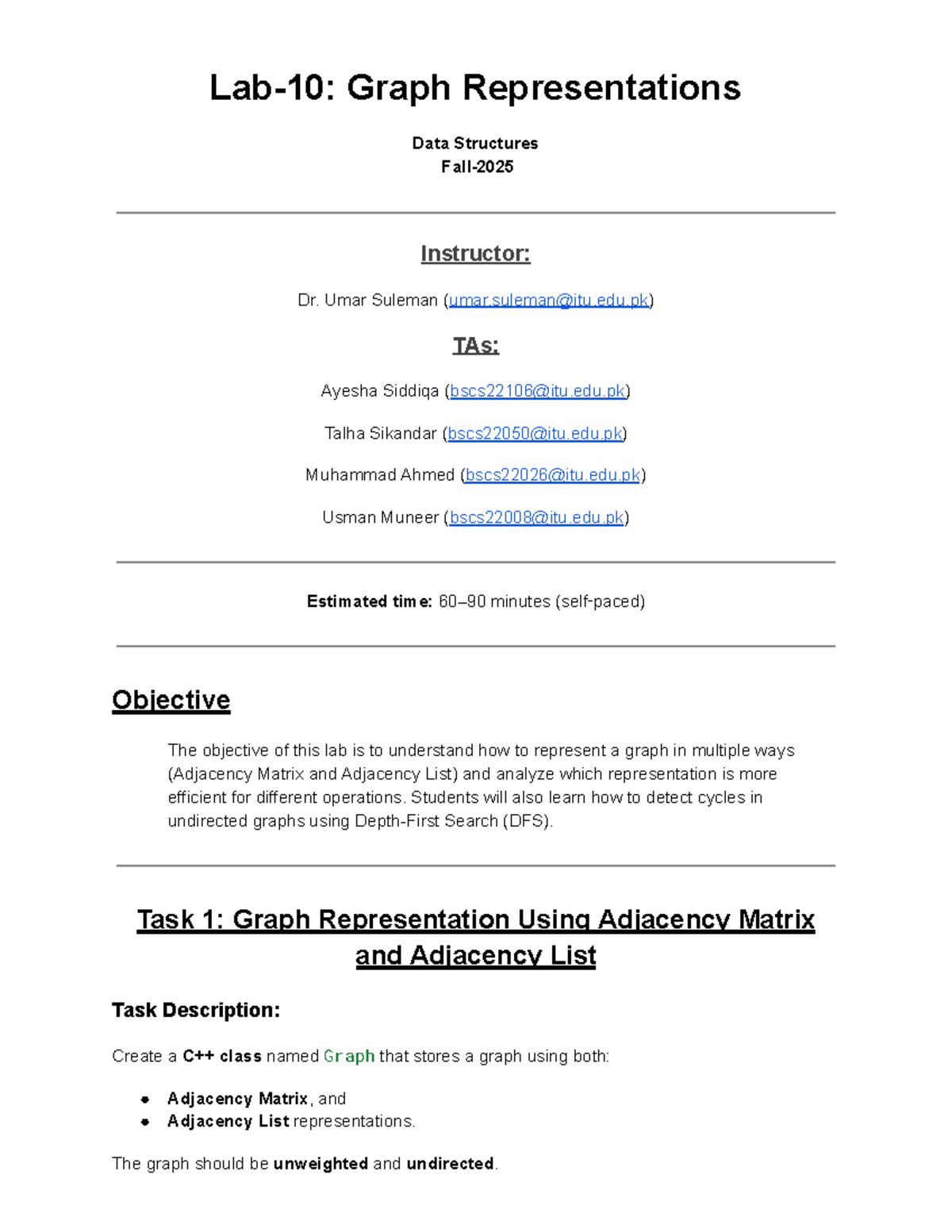 Data Structures - Lab 10: Graph Representations and Analysis - Studocu