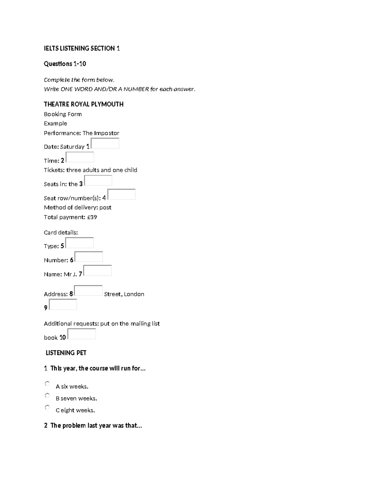 Listening Practice 1 - IELTS Listening Section 1 Questions - Studocu
