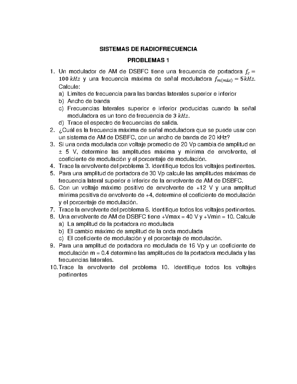 Problemas de Sistemas de Radiofrecuencia - DSBFC y Modulación AM - Studocu