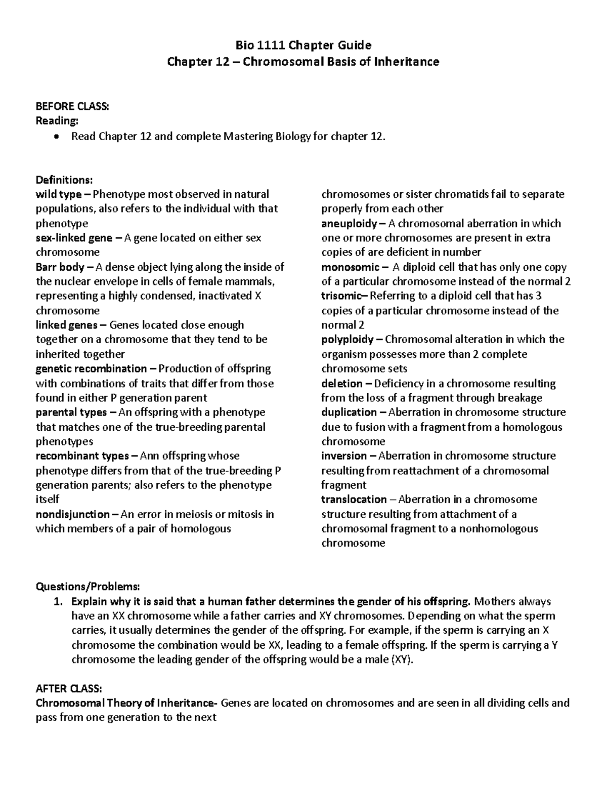 Bio 1111 Chapter Guide: Chromosomal Basis of Inheritance - Studocu