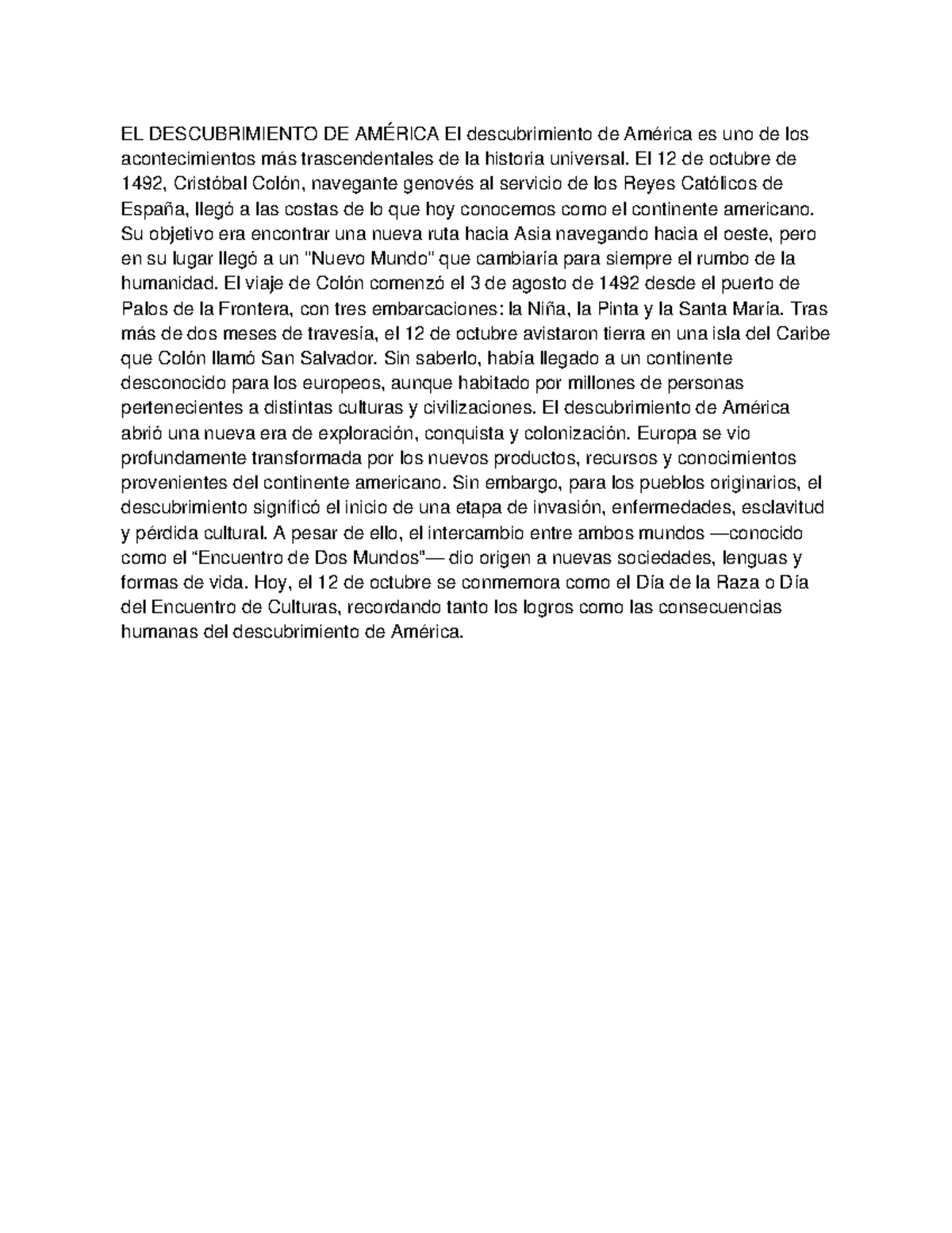 EL DESCUBRIMIENTO DE AMÉRICA: IMPACTO HISTÓRICO Y CULTURAL - Studocu