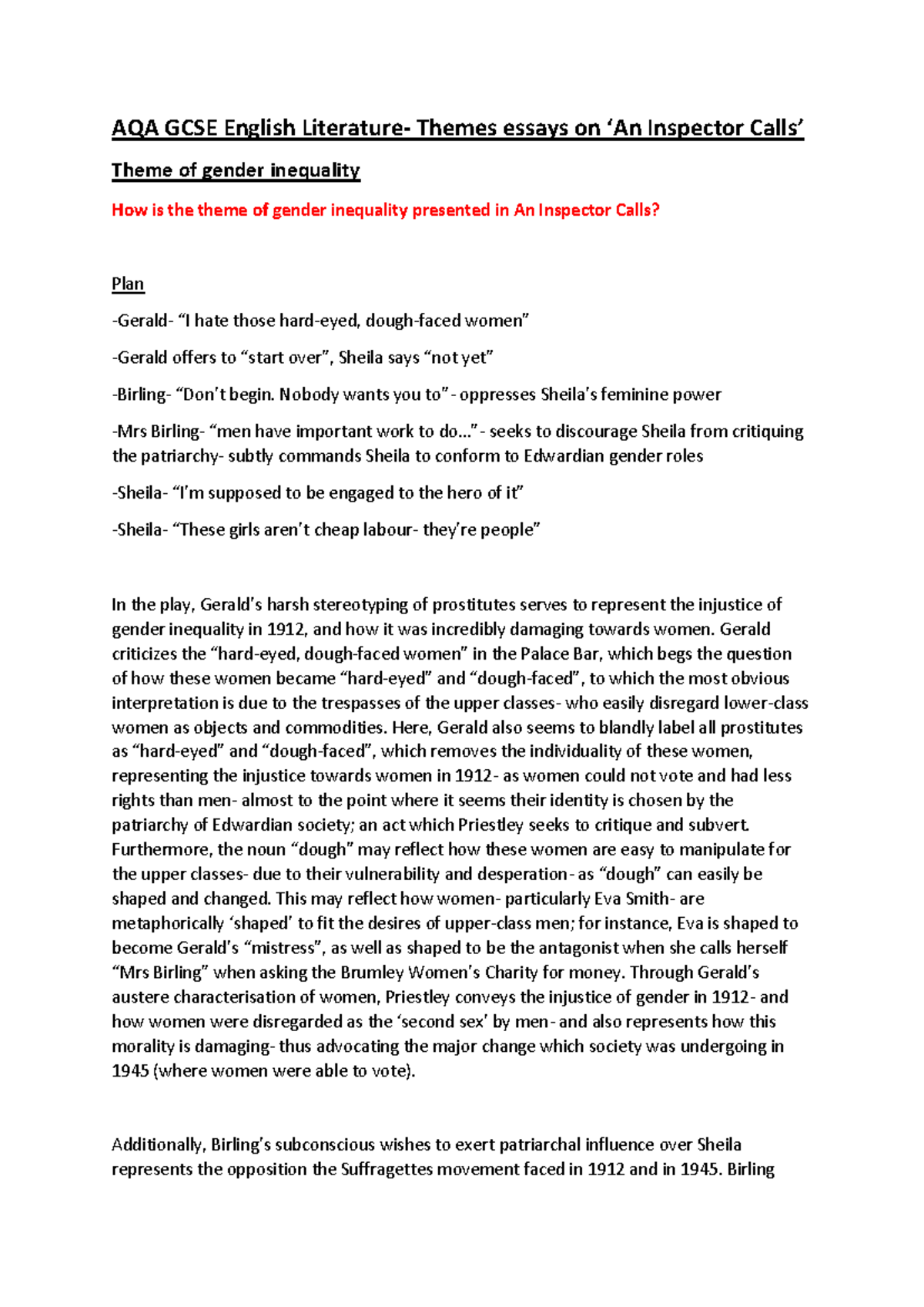 AQA GCSE English Literature- Themes essays on ‘An Inspector Calls ...