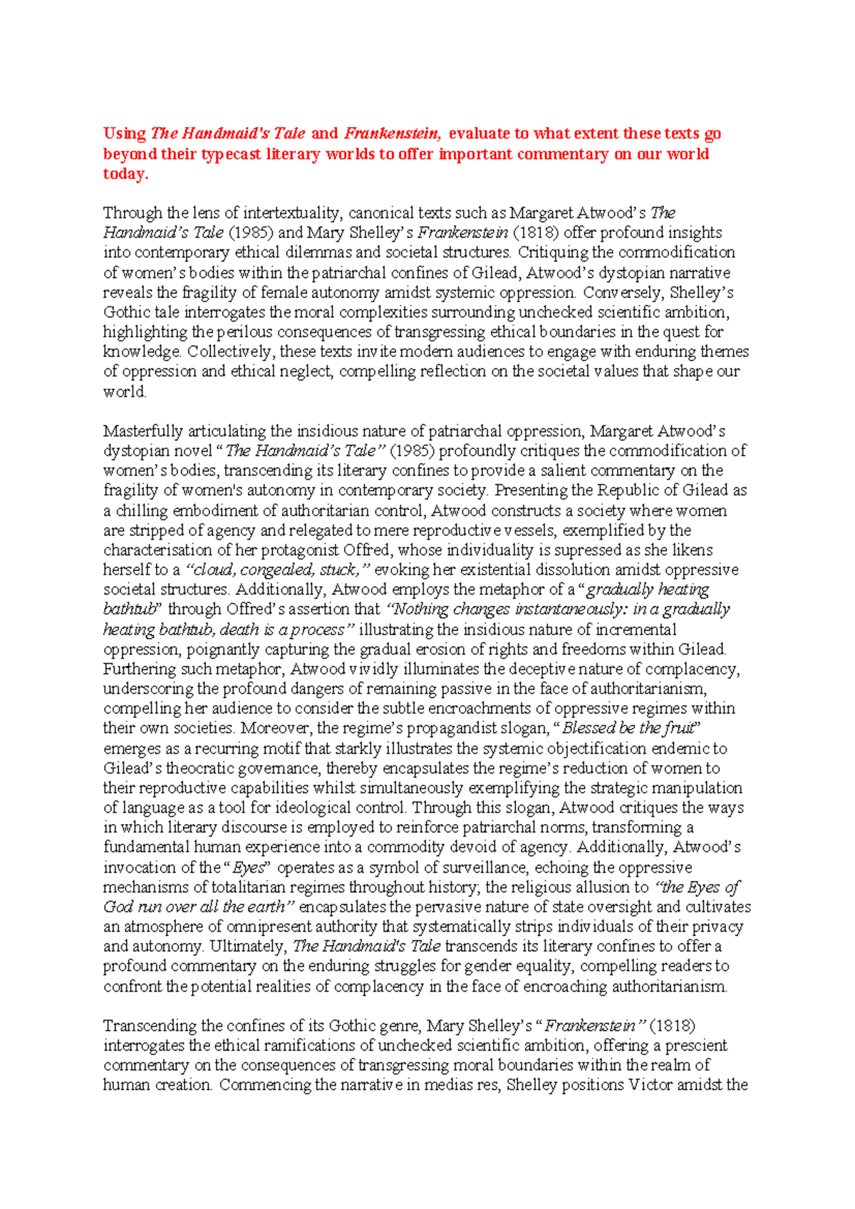 Novel Comparison - Using The Handmaid's Tale and Frankenstein, evaluate ...