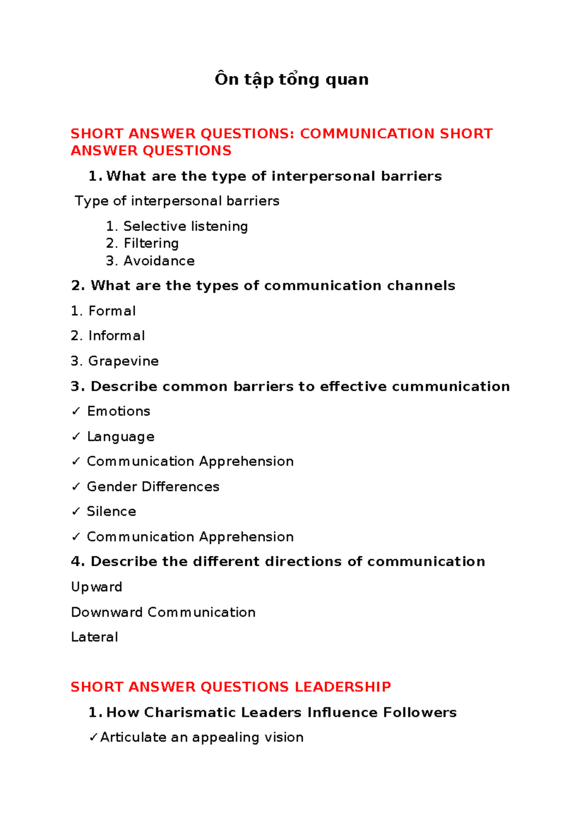 Ôn tập tổng quan ob 251 - Ôn tập tổng quan SHORT ANSWER QUESTIONS ...