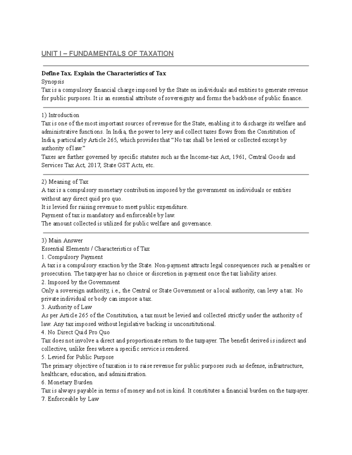 TAX 101: Fundamentals of Taxation and Characteristics Explained - Studocu