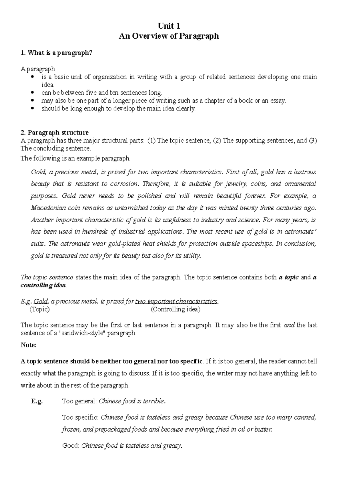 Unit 1 - Overview of paragraph - Unit 1 An Overview of Paragraph What ...