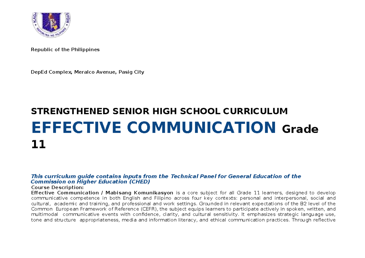 Grade 11 Effective Communication Curriculum Guide (Mabisang ...