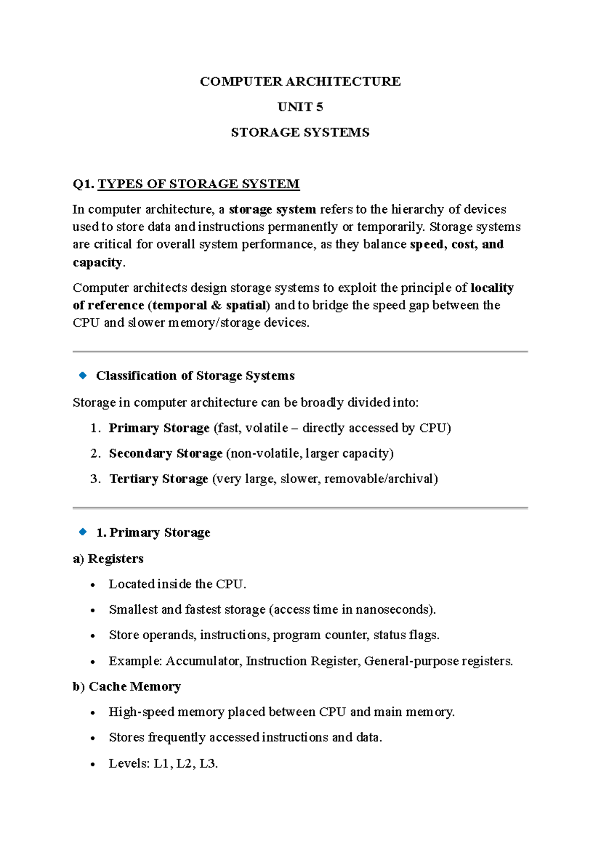 CA UNIT 5 - COMPUTER ARCHITECTURE STORAGE SYSTEMS & BUSES NOTES - Studocu