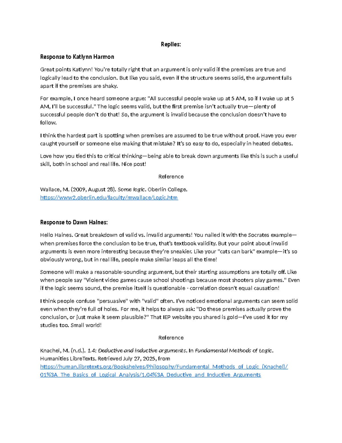 Replies to Classwork on Valid vs. Invalid Arguments - Studocu