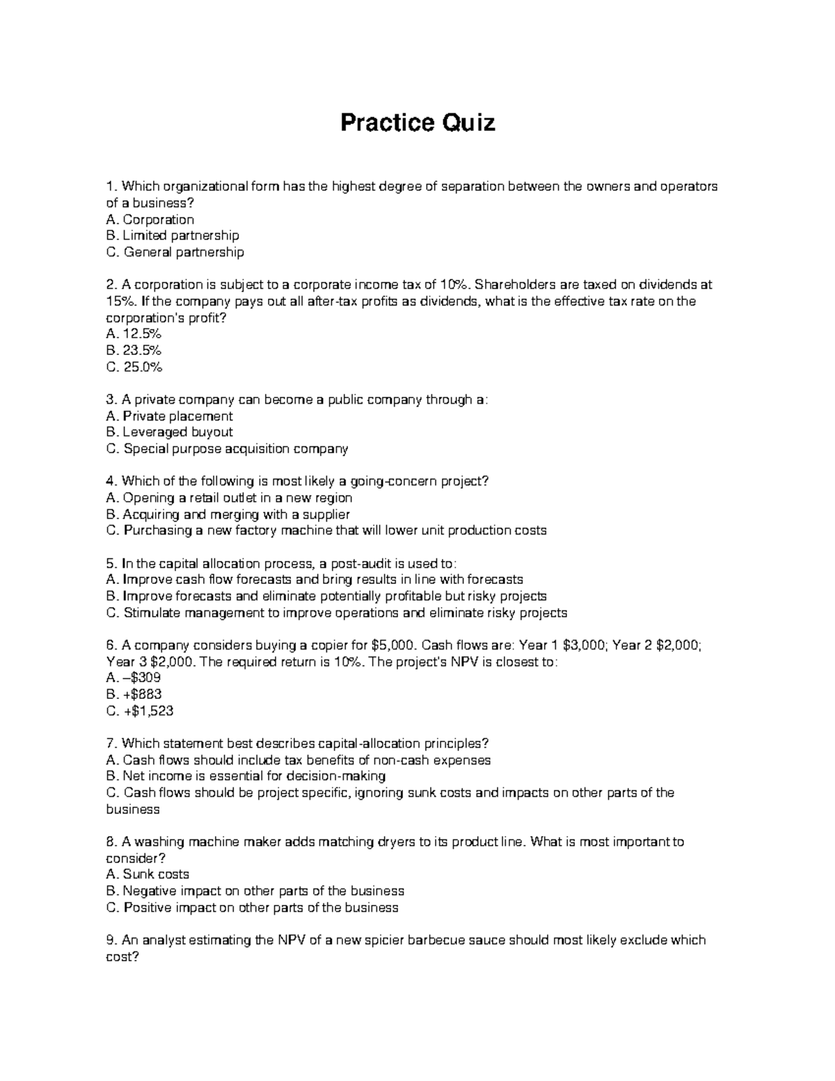 Corporate Finance Practice Quiz 1 Answers (CFA 101) - Studocu