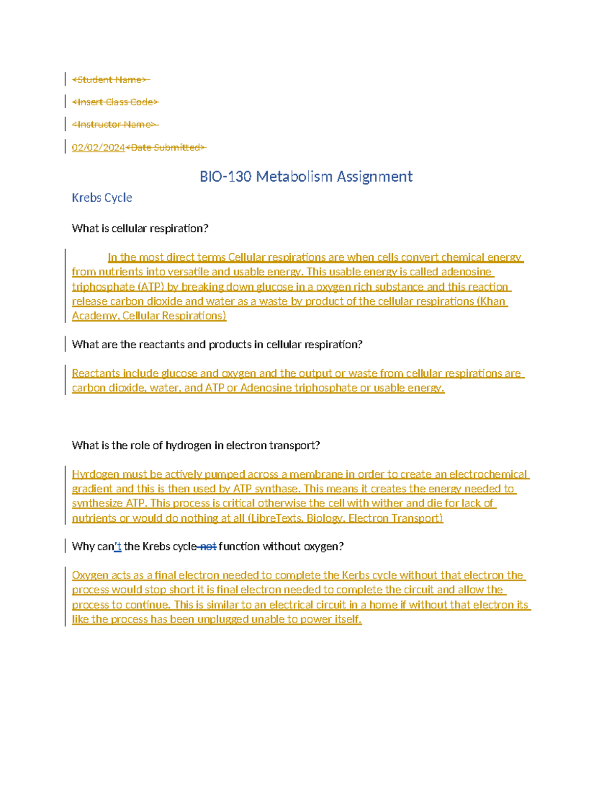 BIO 130 RS Metabolism Assignment: Krebs Cycle & Cellular Respiration ...