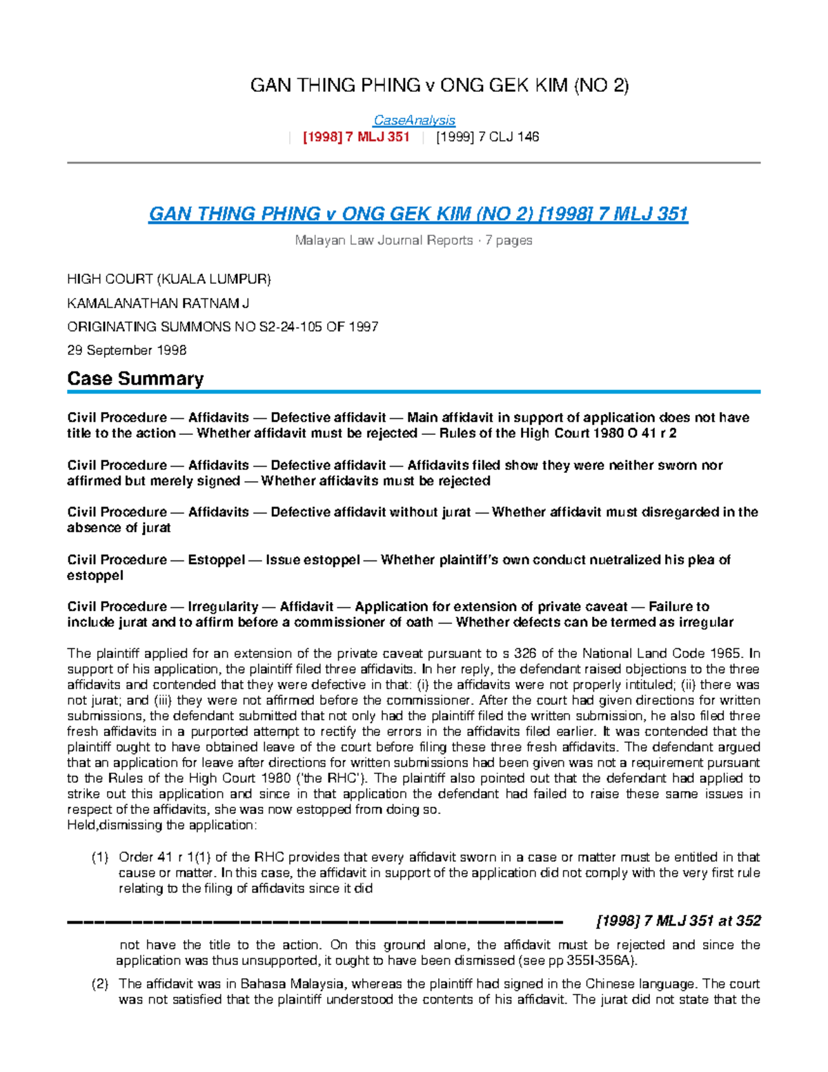 Case Analysis: GAN Thing Phing v ONG GEK KIM (NO 2) [1998] 7 MLJ 351 ...