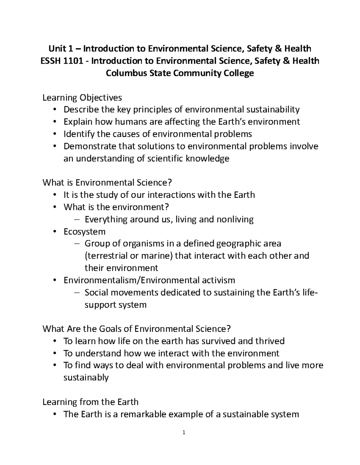 ESSH 1101 Unit 1 - Introduction to Environmental Science Overview - Studocu