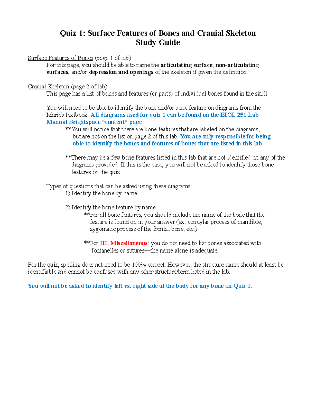 BIOL 251 Quiz 1 Study Guide: Cranial Skeleton Features and Bone Terms ...