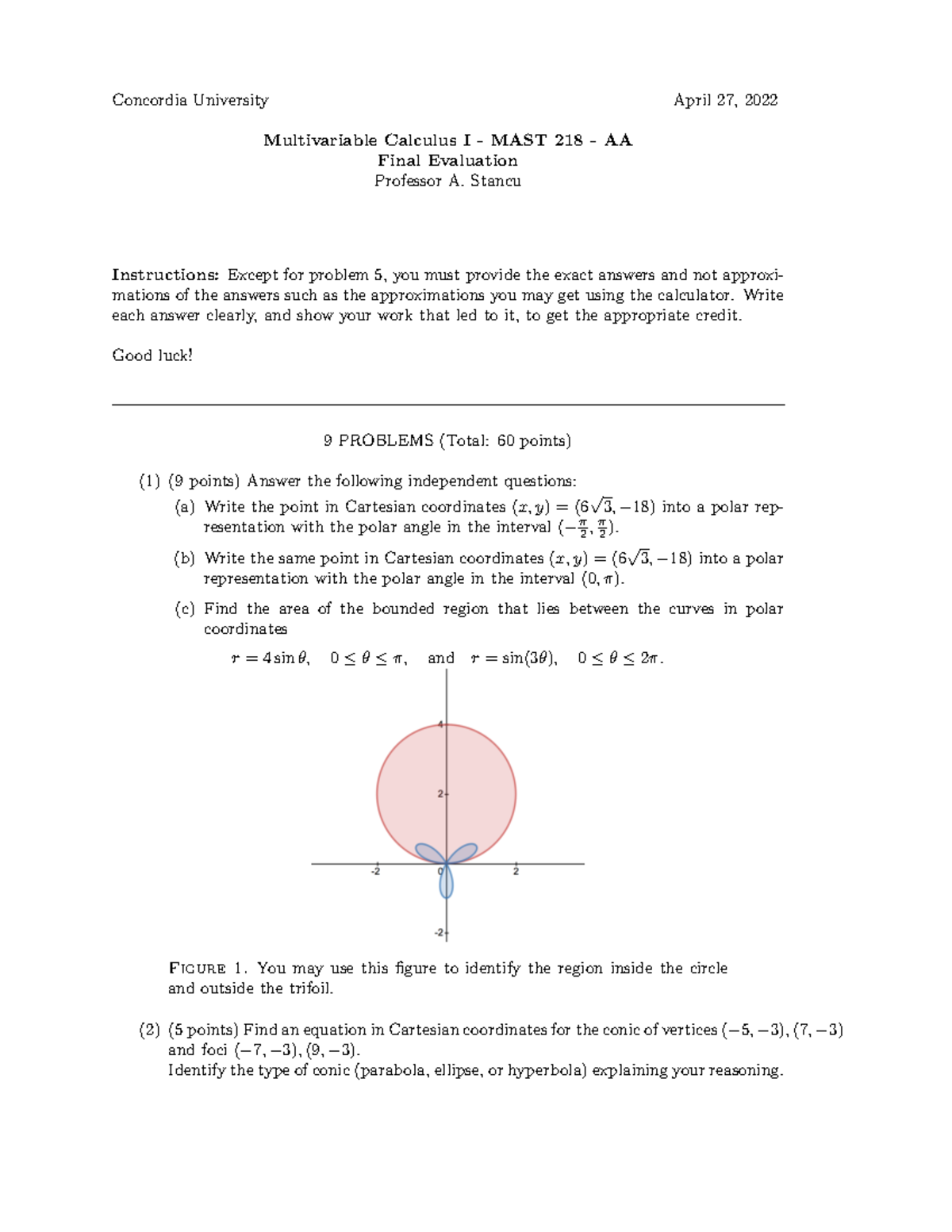 MAST 218 Final Exam Review Winter 2022: Multivariable Calculus I - Studocu