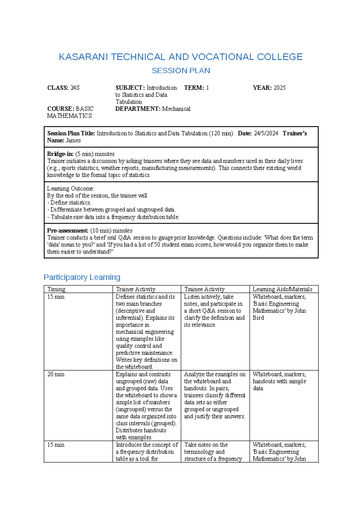 KASARANI TECHNICAL COLLEGE 24S Basic Math Session Plan: Stats & Data ...