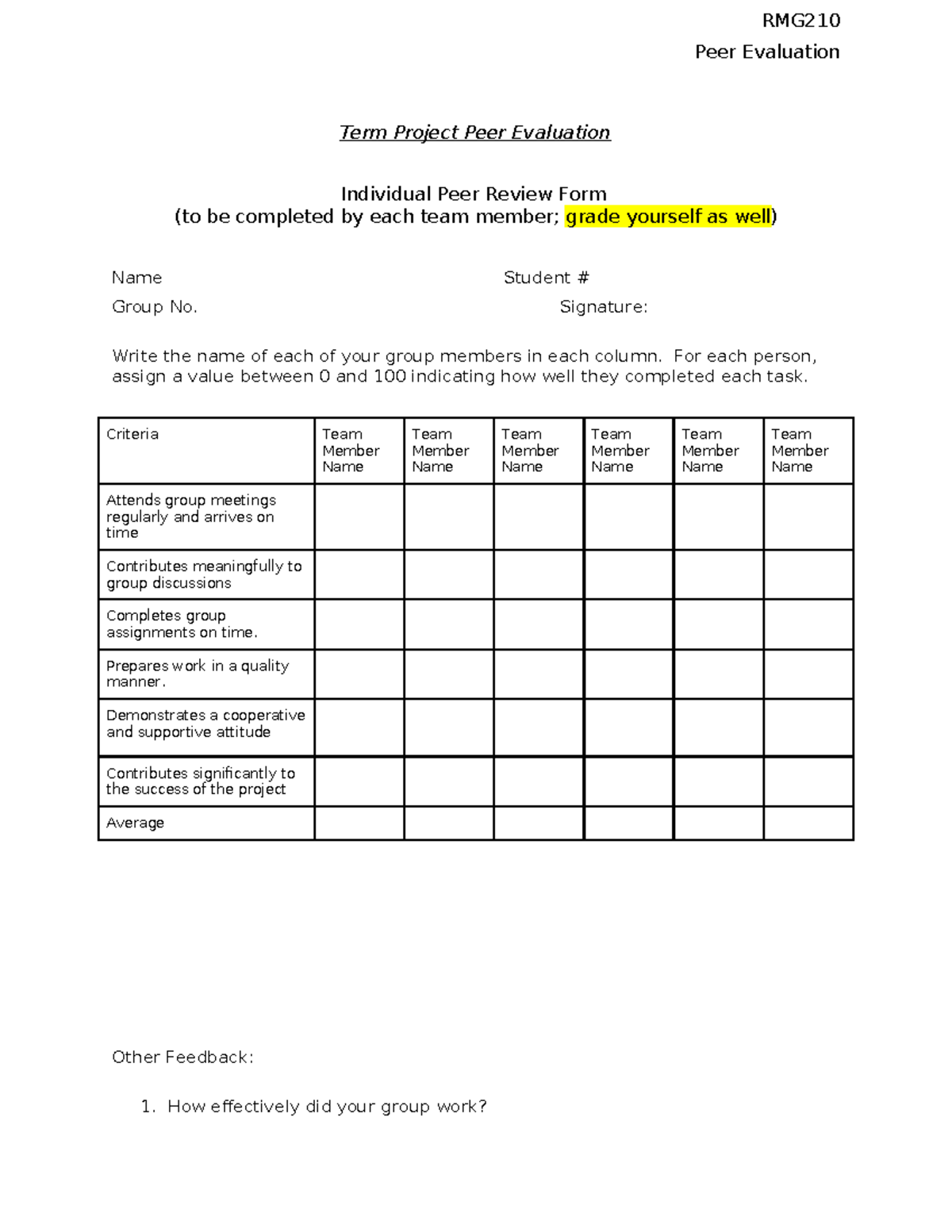 RMG210 Peer Evaluation Term Project - Individual Review Form - Studocu