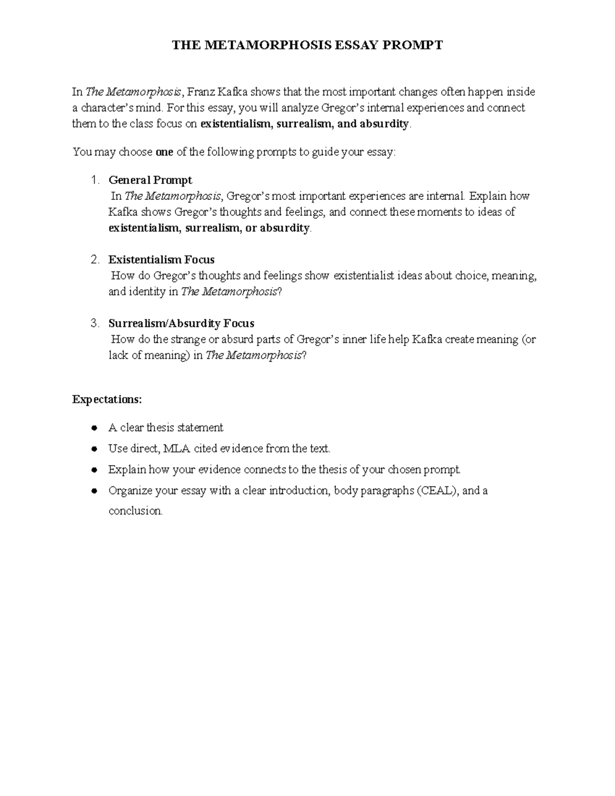 The Metamorphosis Essay Prompts: Analyzing Internal Changes in Kafka's ...
