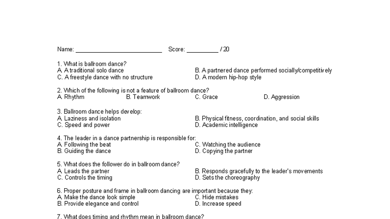 Ballroom Dance Quiz - Course Code: DANCE101 - Studocu