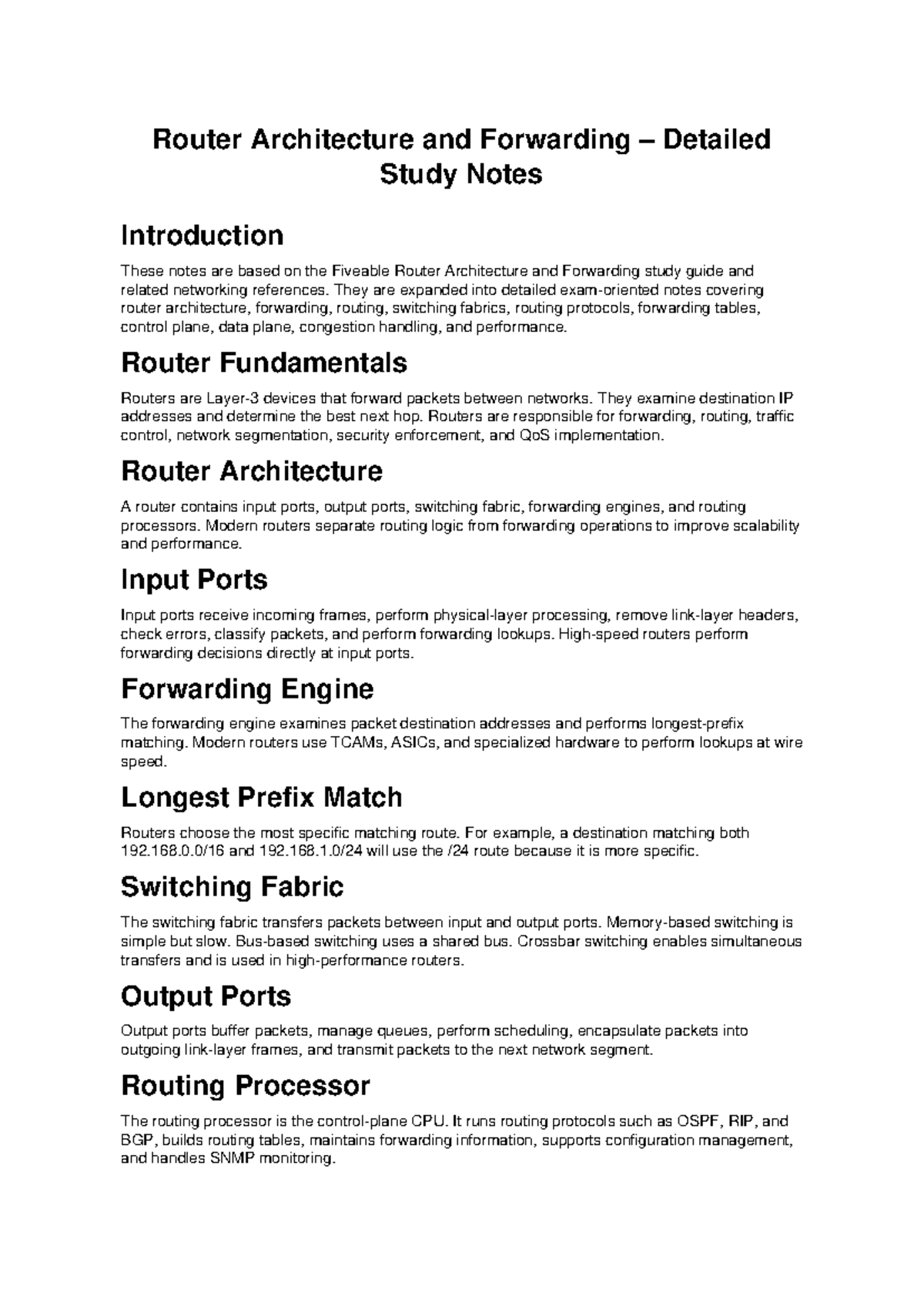 5.1.1 Router Architecture & Forwarding Detailed Study Notes - Studocu