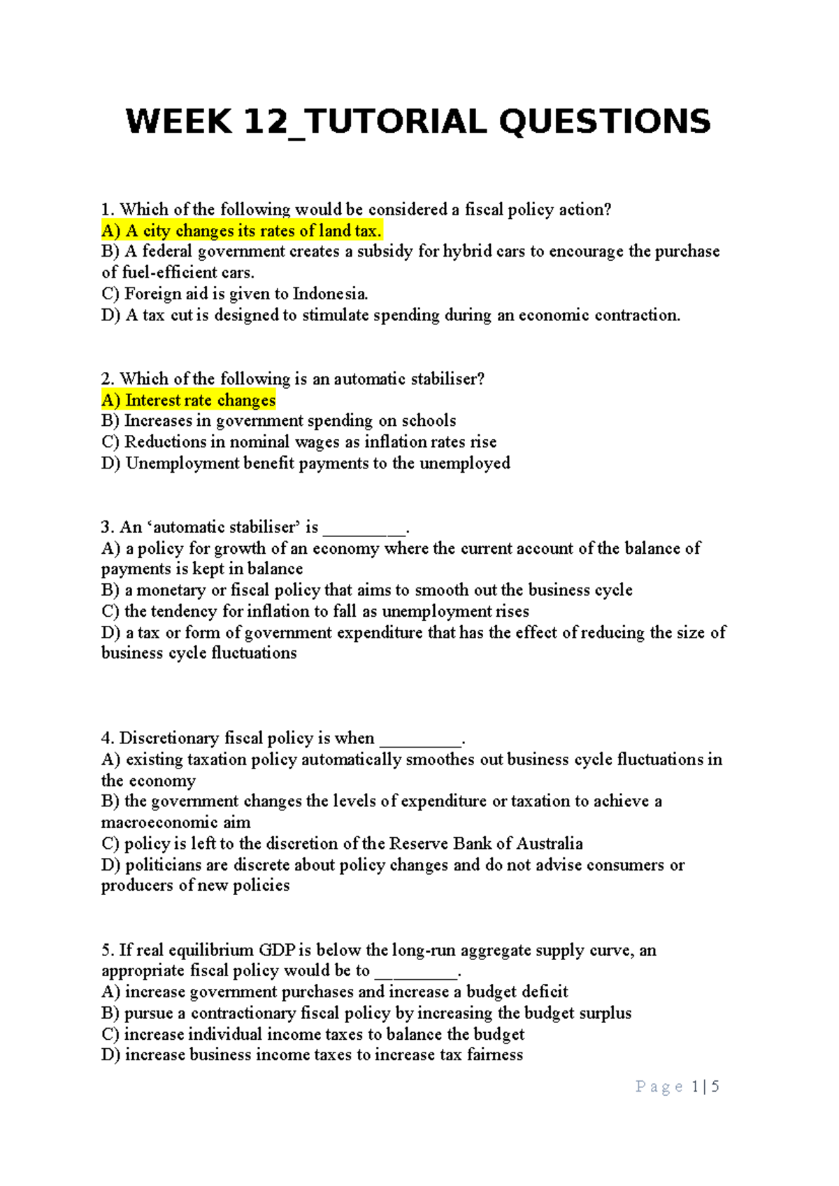 W12 Tutorial Questions: Understanding Fiscal Policy Concepts and ...